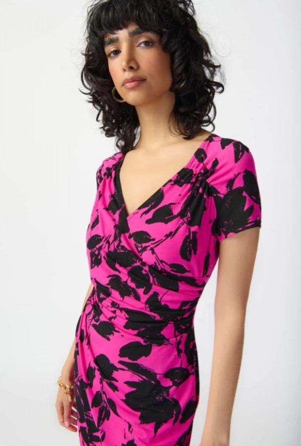 Joseph Ribkoff 241118 Pink/Black Floral Print Ruched Faux Wrap Sheath ...